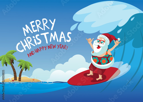 Merry Christmas Cartoon Santa Claus surfing a gnarly wave while giving ...