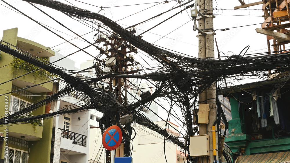The web of power lines on the streets Ho Chi Minh City Stock Photo ...