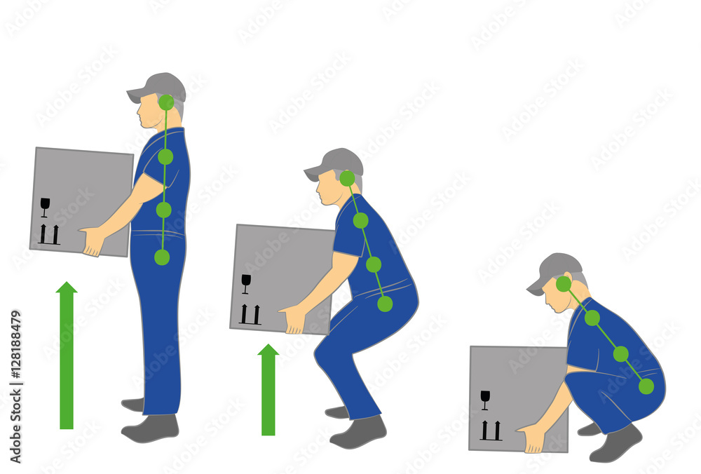 Correct posture to lift a heavy object safely. Illustration of health ...