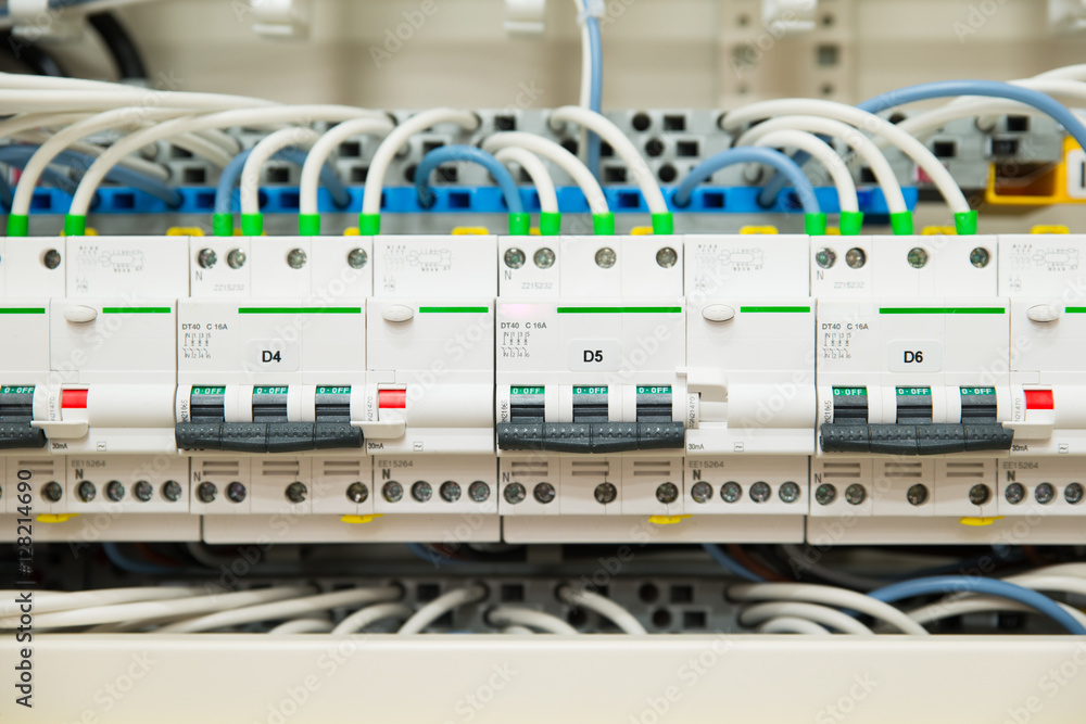electric cable connected on fuse panel power switch board equipment ...