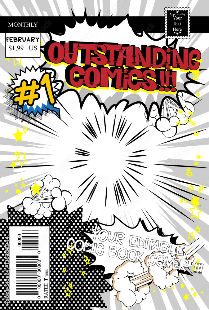 Editable comic book cover template, customizable title, bar code and ...