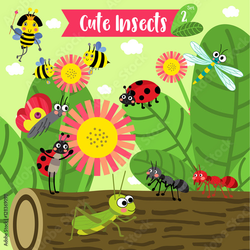 Cute Insects Animal cartoon in the garden. Bee. Ant. Ladybird. Ladybug ...