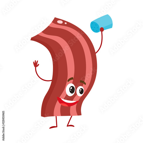 Funny roasted, fried, grilled bacon strip character, cartoon style ...