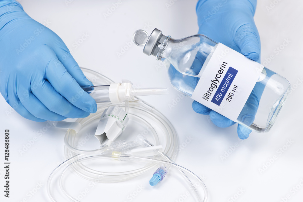 Nitroglycerin IV Bottle. Label created by Stock Photo | Adobe Stock
