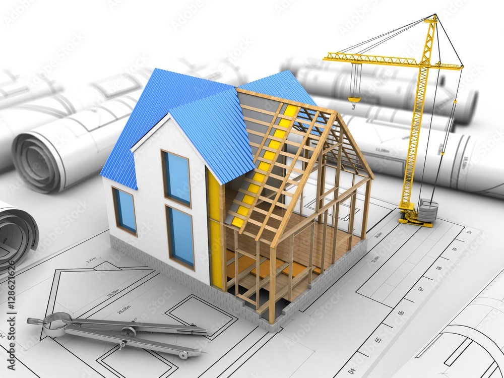 3d illustration of house construction over drawings background with ...