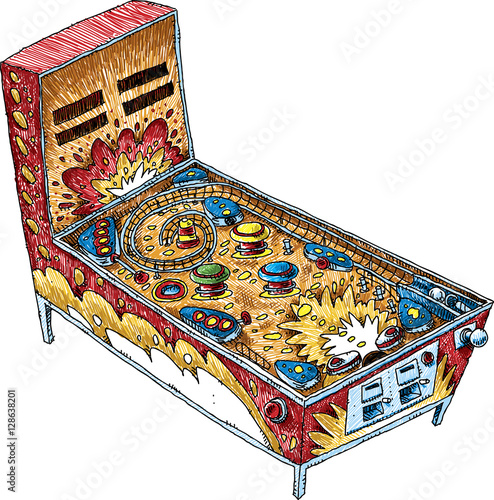 A colorful, cartoon pinball machine drawn and colored in a ballpoint ...