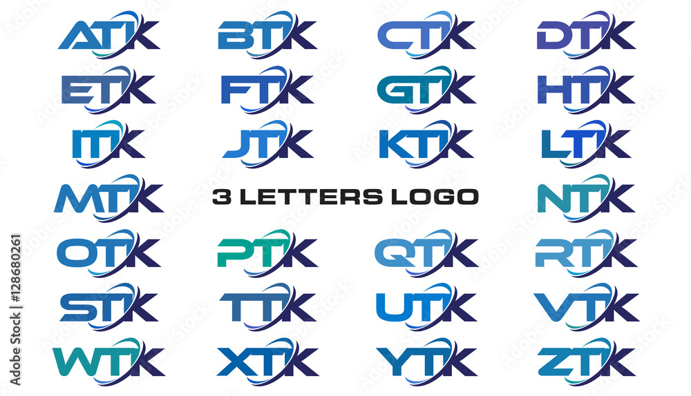 3 letters modern generic swoosh logo ATK, BTK, CTK, DTK, ETK, FTK, GTK ...