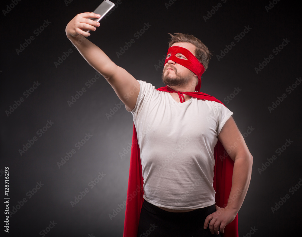 Hacker. Computer repair. Picture confident super hero man holding ...