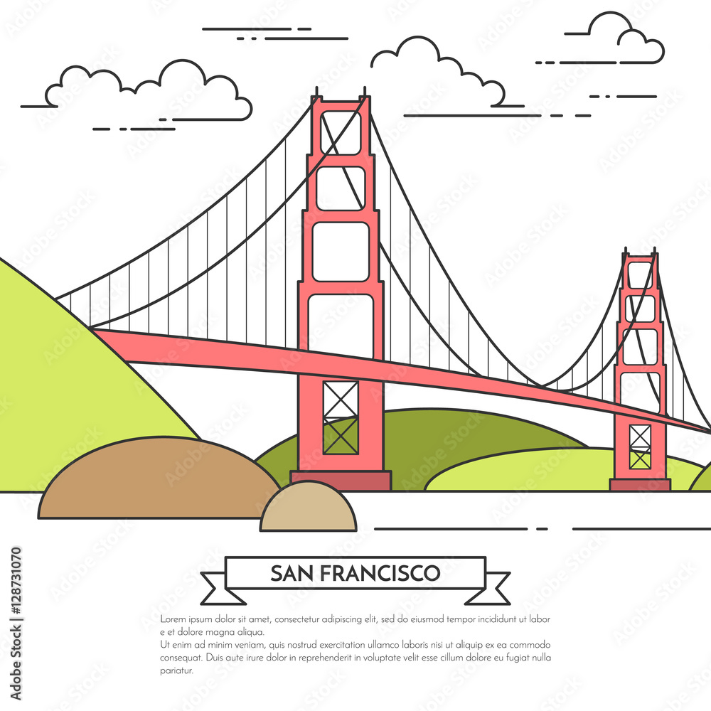 San Francisco banner with famous bridge Golden Gate Line art Stock ...