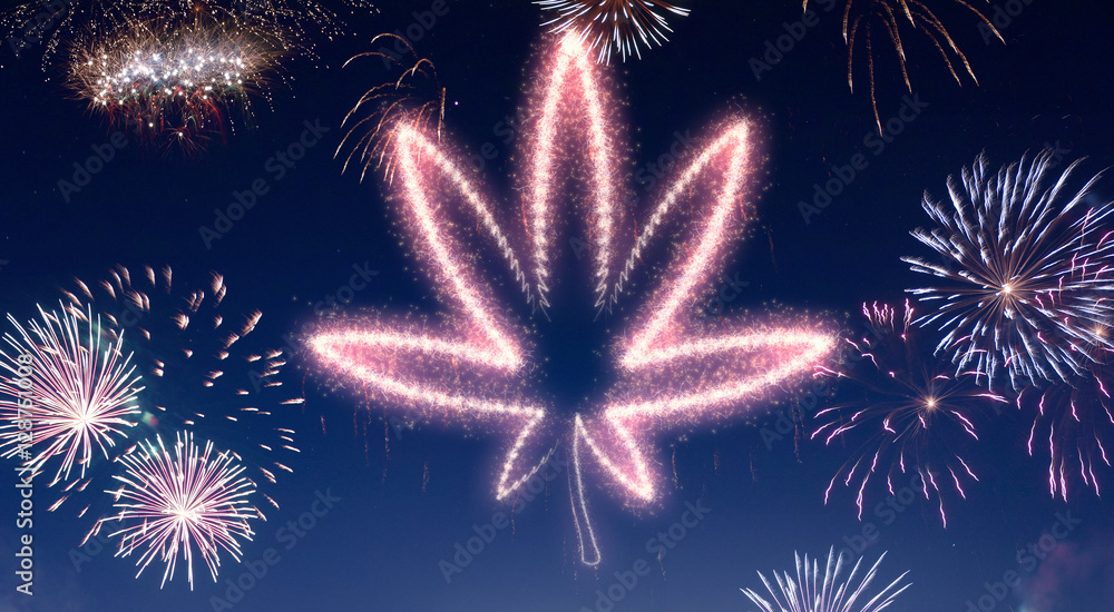 Night sky with fireworks shaped as a weed leaf.(series) Stock Photo ...
