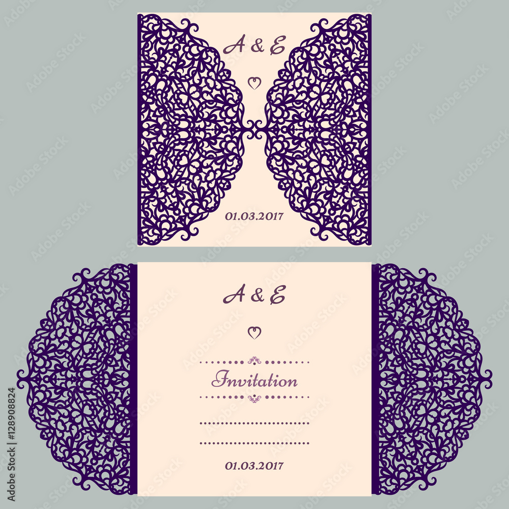Die cut wedding invitation card template. Paper cut out card with lace ...