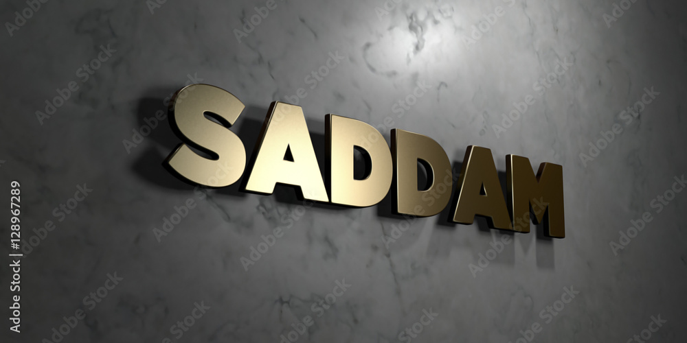 Saddam - Gold sign mounted on glossy marble wall - 3D rendered royalty ...
