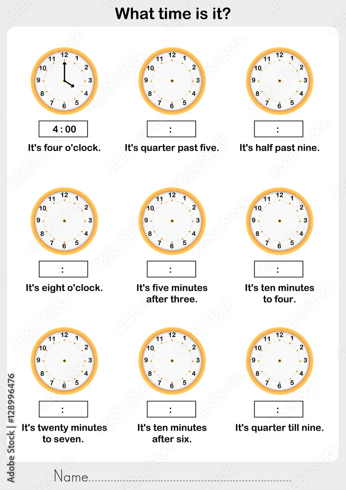 Telling time worksheet. write the clockwise and time on the clock Stock Vector | Adobe Stock