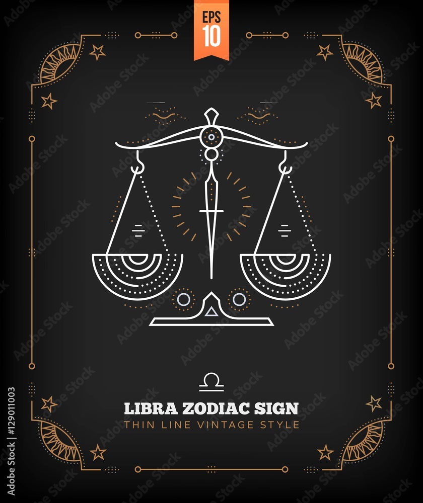 Vintage thin line Libra zodiac sign label. Retro vector astrological ...