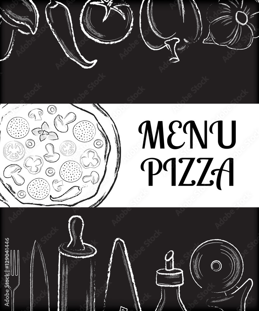 Pizza cafe menu front page template with white hand drawn ingrid Stock ...