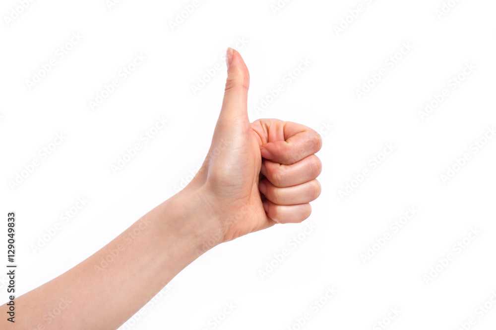 thumb up hand sign. woman hand showing thumb up, like, good, approval ...