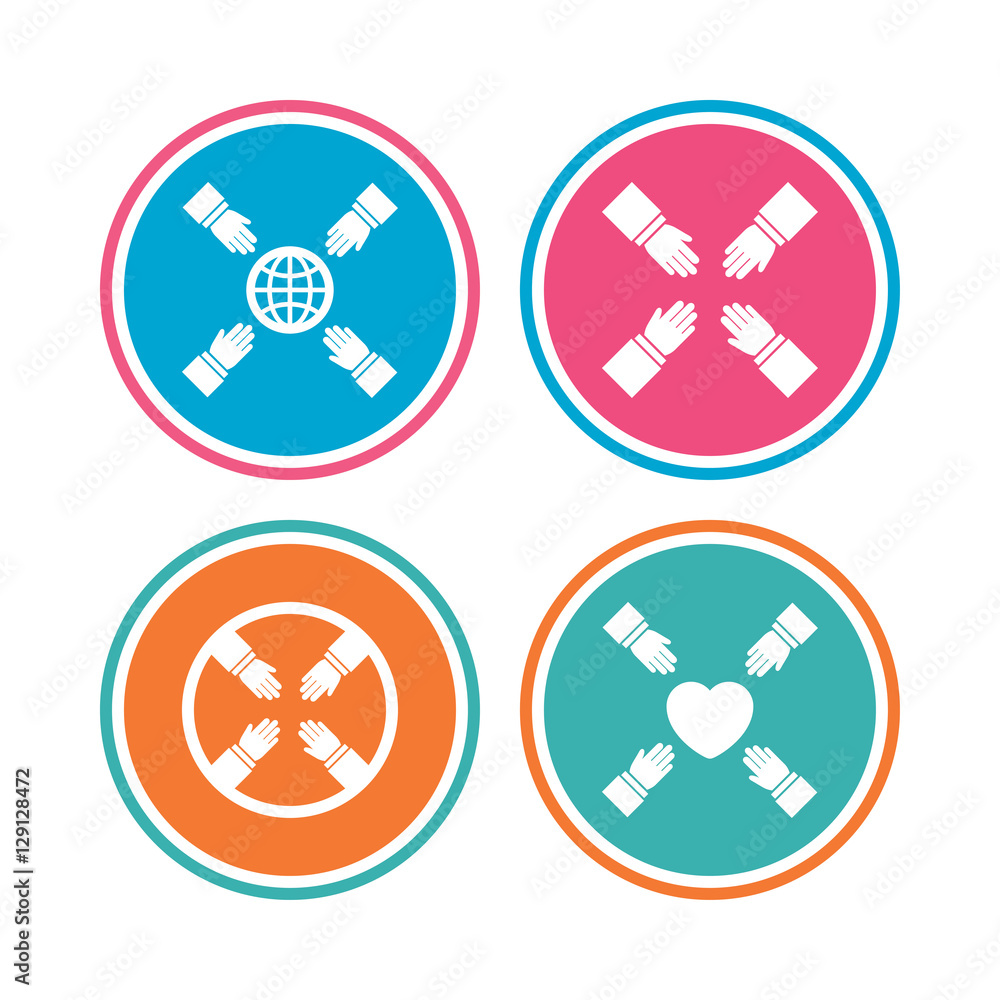 Teamwork icons. Helping Hands with globe and heart symbols. Group of ...