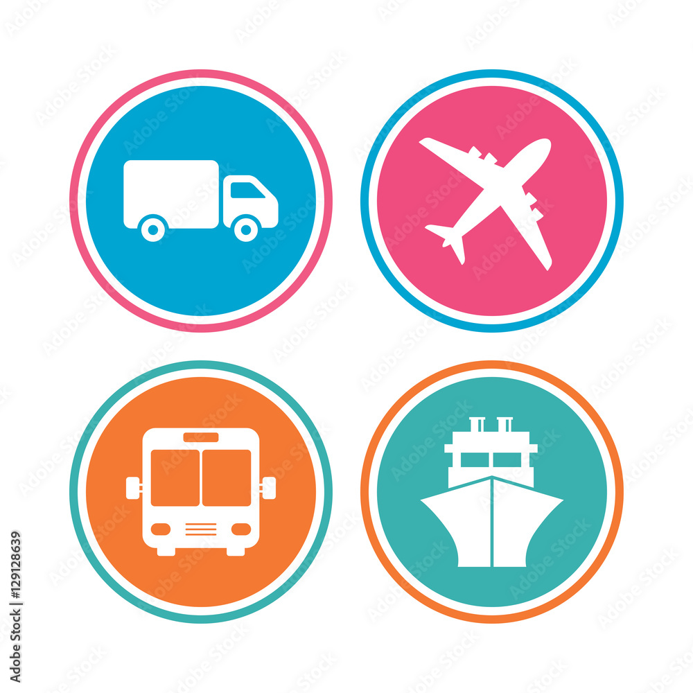 Transport icons. Truck, Airplane, Public bus and Ship signs. Shipping ...