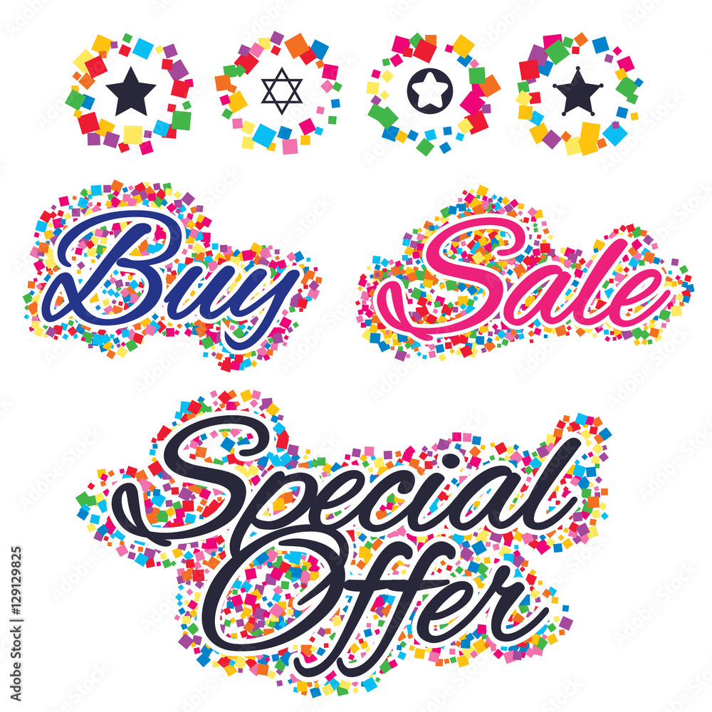 Sale confetti labels and banners. Star of David icons. Sheriff police ...