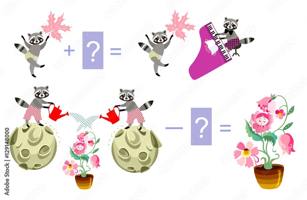 Magic math with cute raccoons. Educational game for children. Cartoon ...