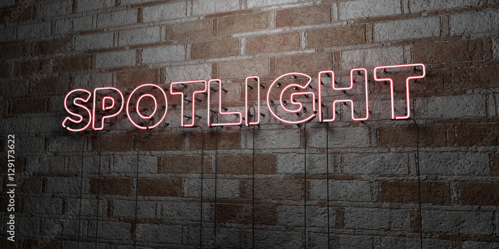 Stock-Illustration „SPOTLIGHT - Glowing Neon Sign on stonework wall ...