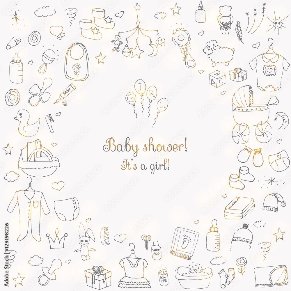 Set of hand drawn cute baby shower icons. Kids care elements. Vector ...