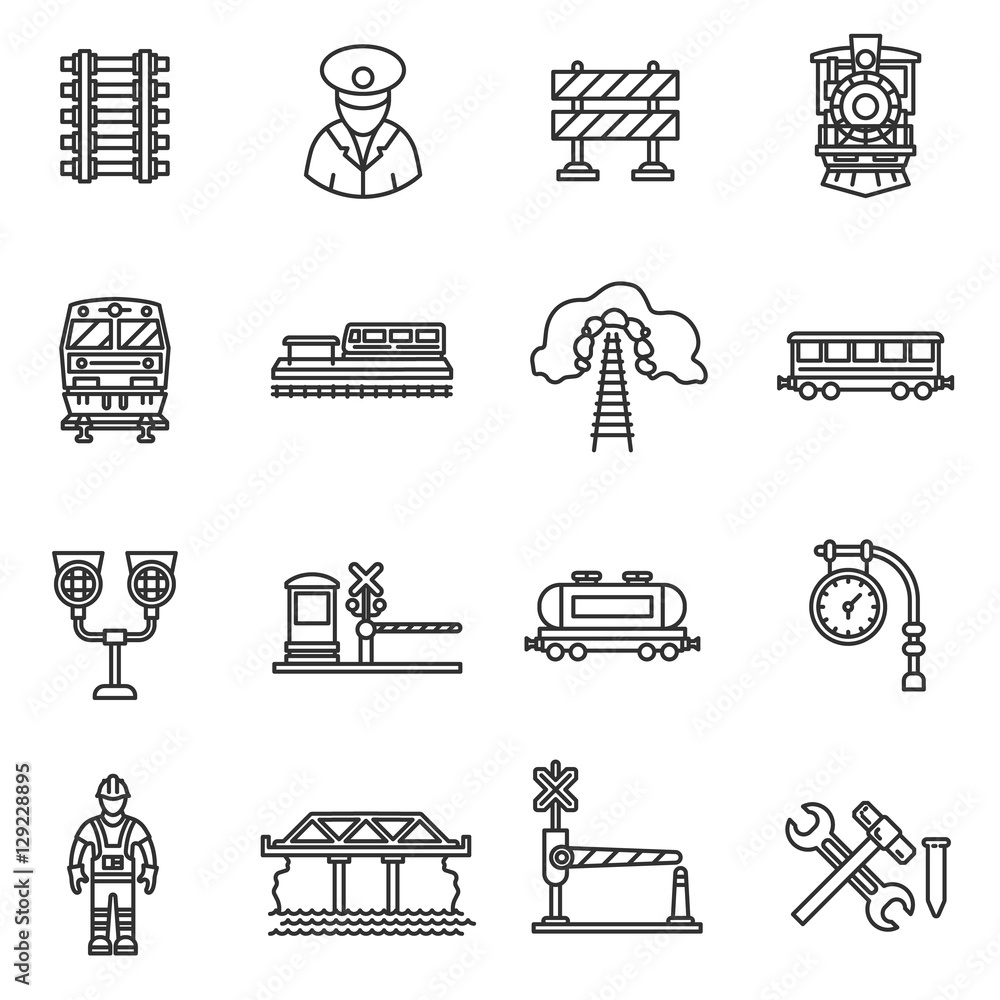 Train icons set. Railway, thin line design. Railways, linear symbols ...