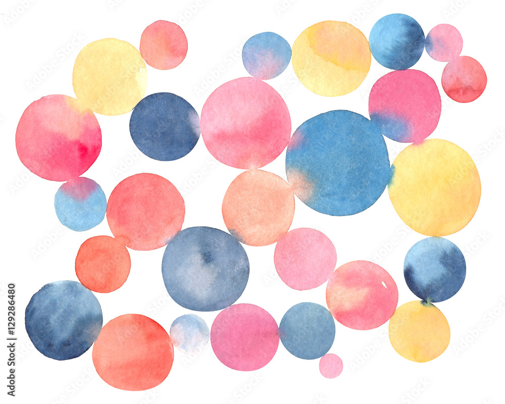 Pink and blue watercolor circles, hand painted illustration isolated on ...