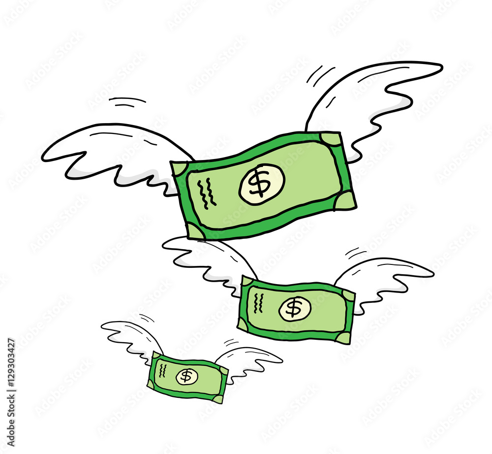 Group of Dollar Money With Wings Flying . A hand drawn vector cartoon ...