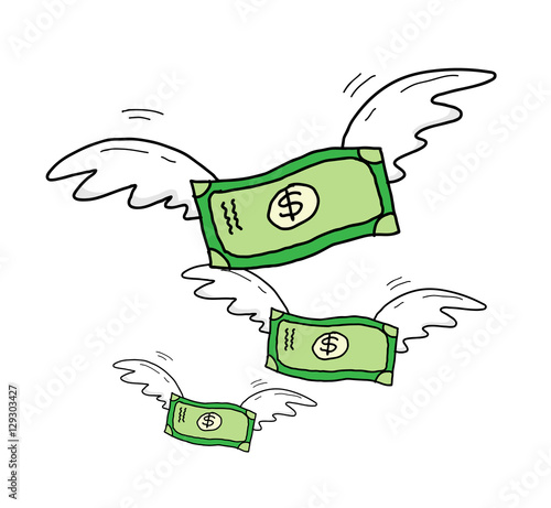 Group of Dollar Money With Wings Flying . A hand drawn vector cartoon ...