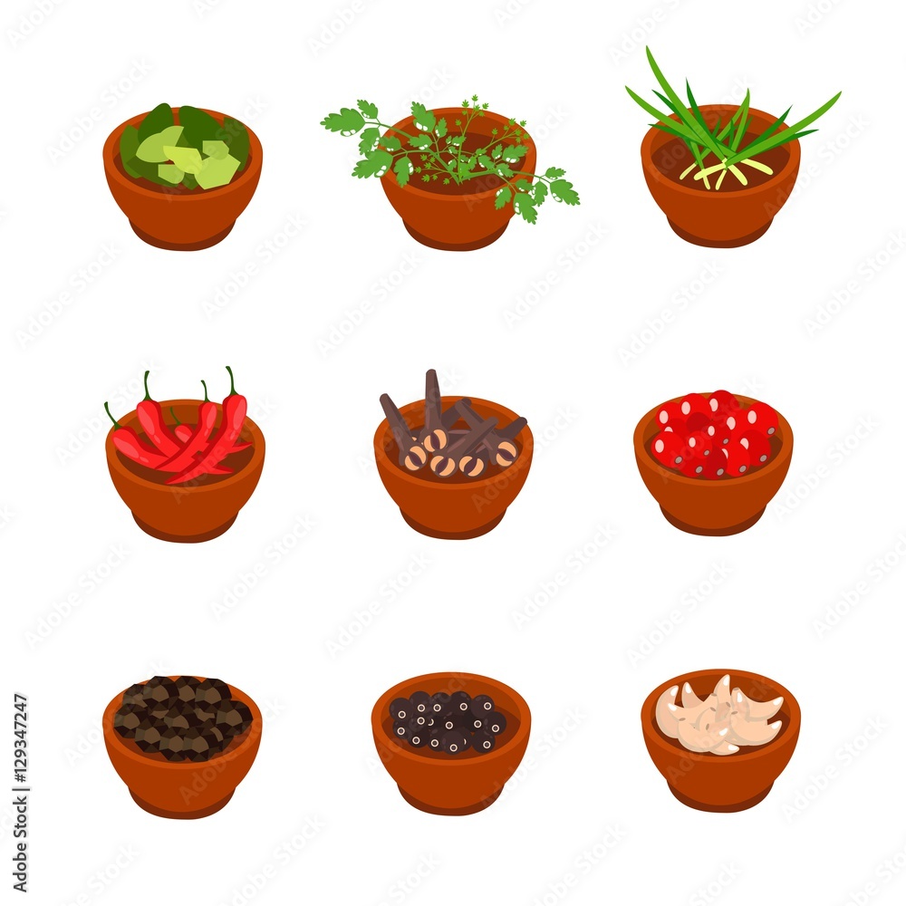 Isometric and cartoon style flavorful spices, condiments icon. Vector ...