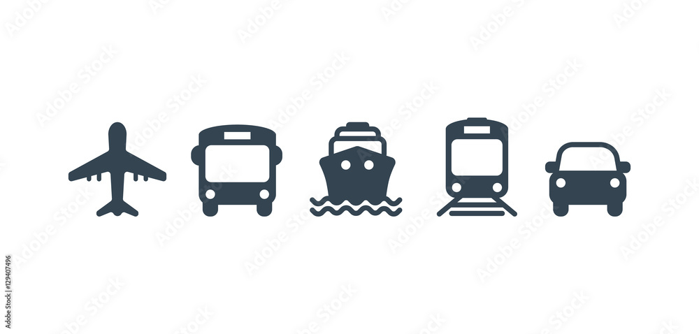 Transport icons. Airplane, Public bus, Train, Ship/Ferry and auto signs ...