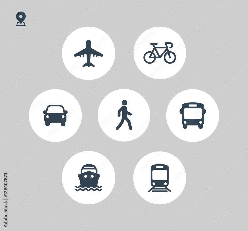 Transport icons. Walk man, Bike, Airplane, Public bus, Train, Ship ...