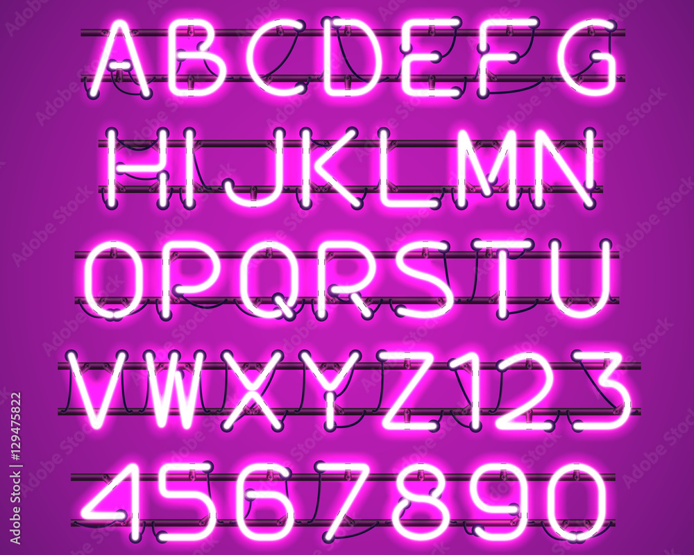 Glowing Purple Neon Alphabet with letters from A to Z and digits from 0 ...