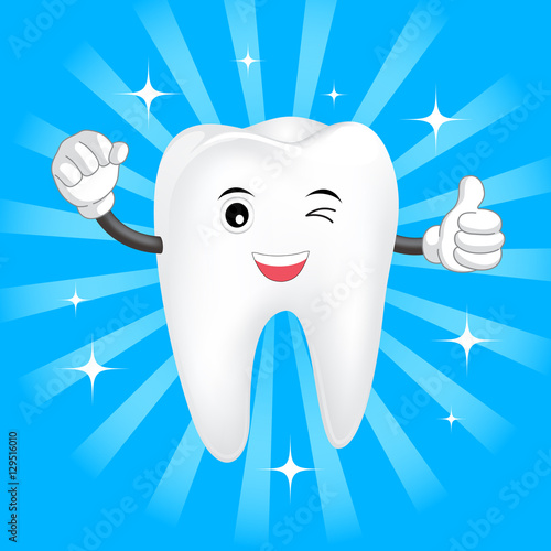 Happy Dental Smile Tooth Mascot Cartoon Character On Sun Burst Blue