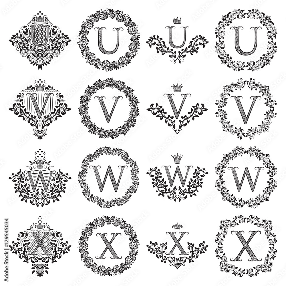 Vector de Stock Vintage monograms set of letters U, V, W, X. Heraldic coats of arms, symbols in ...