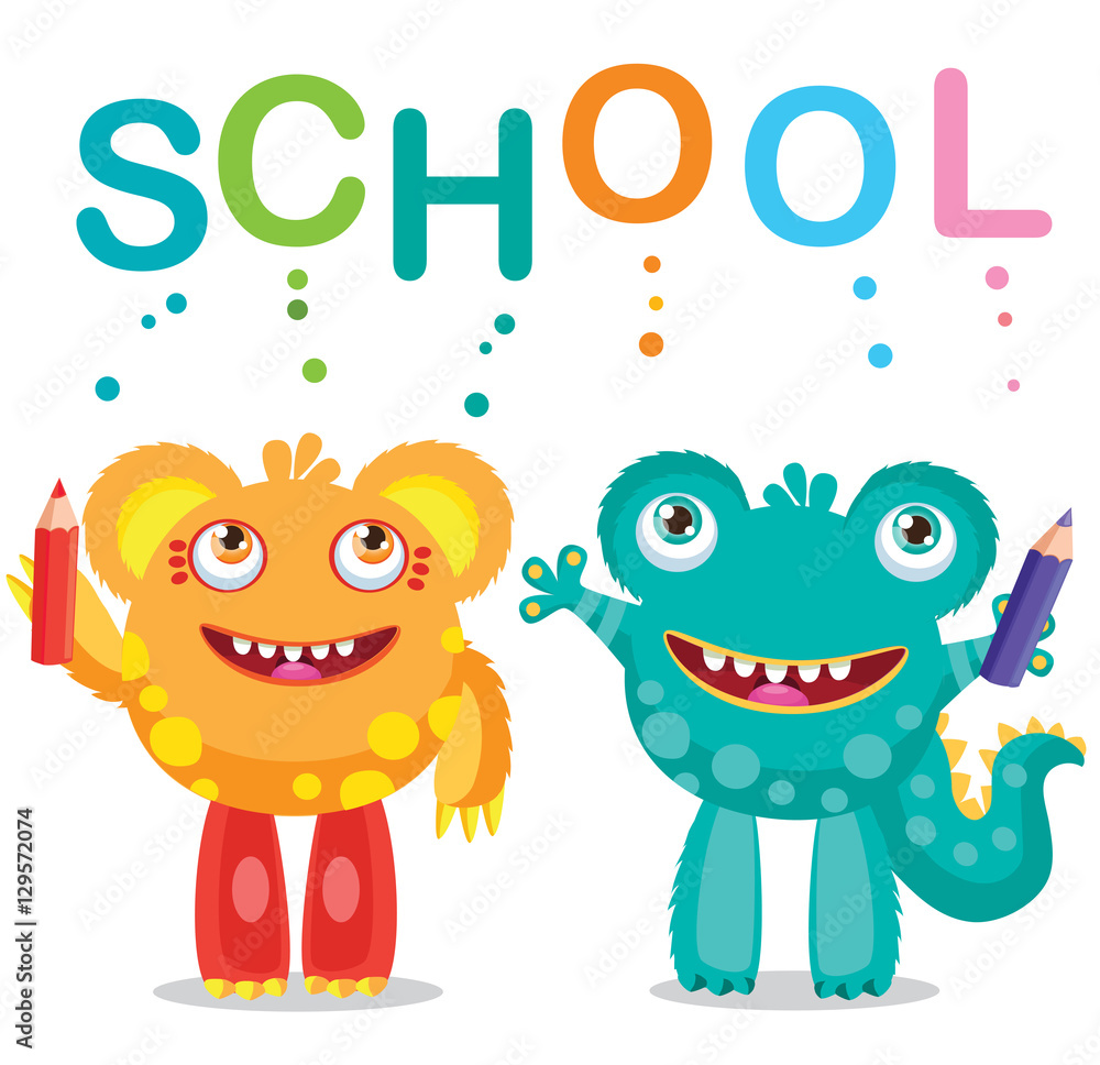 Funny Monsters And Text School On A White Background. Cartoon Vector ...