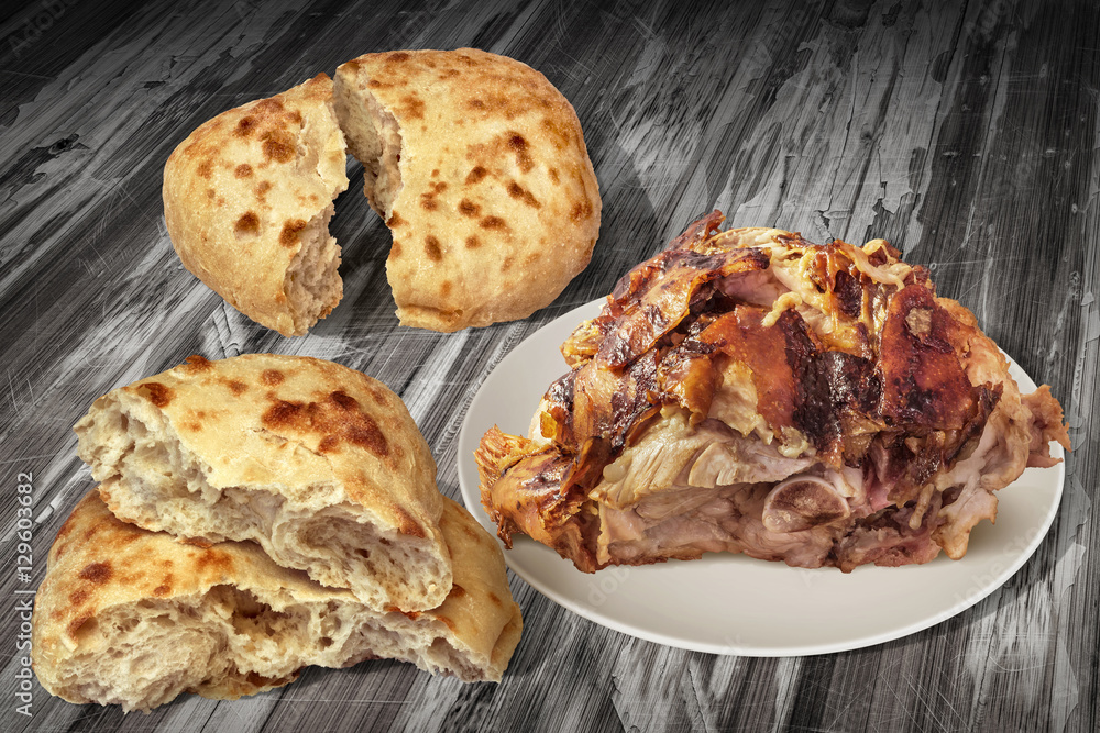 Spit Roasted Juicy Pork Ham With Two Pitta Bread Torn Loafs In Half Set ...