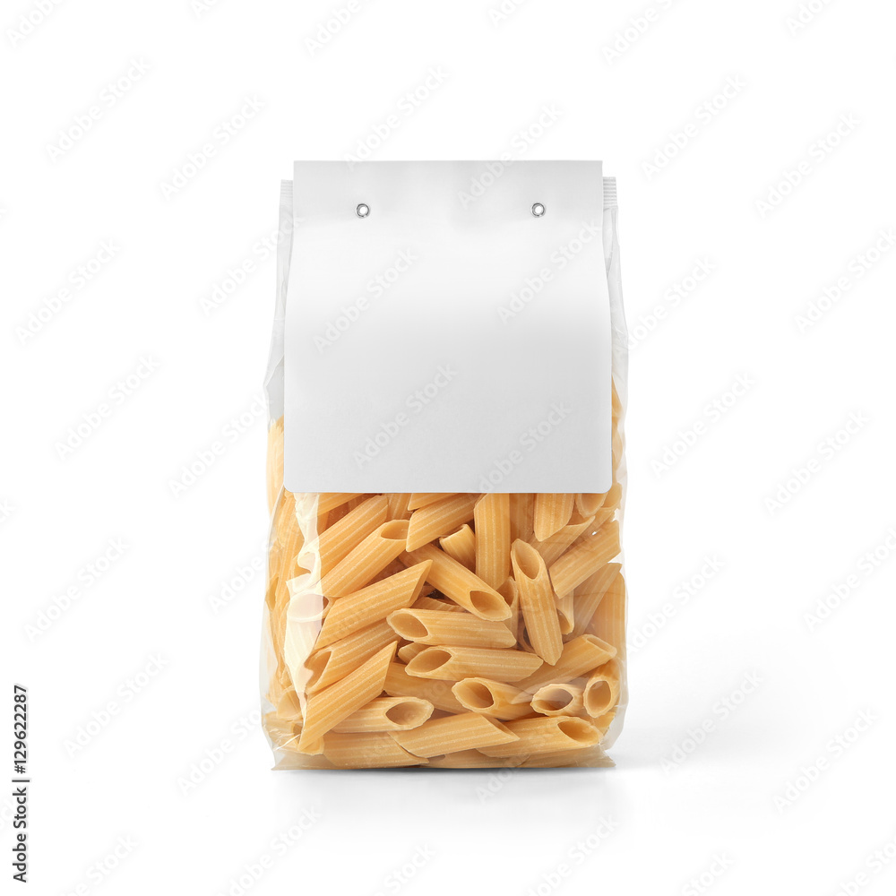 Transparent plastic pasta bag with paper label isolated on white ...