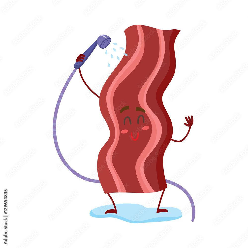 Cute and funny fried bacon strip character taking a shower, cartoon ...