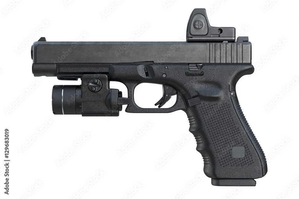 Gun weapon pistol with military scope, side view. 3D rendering Stock ...