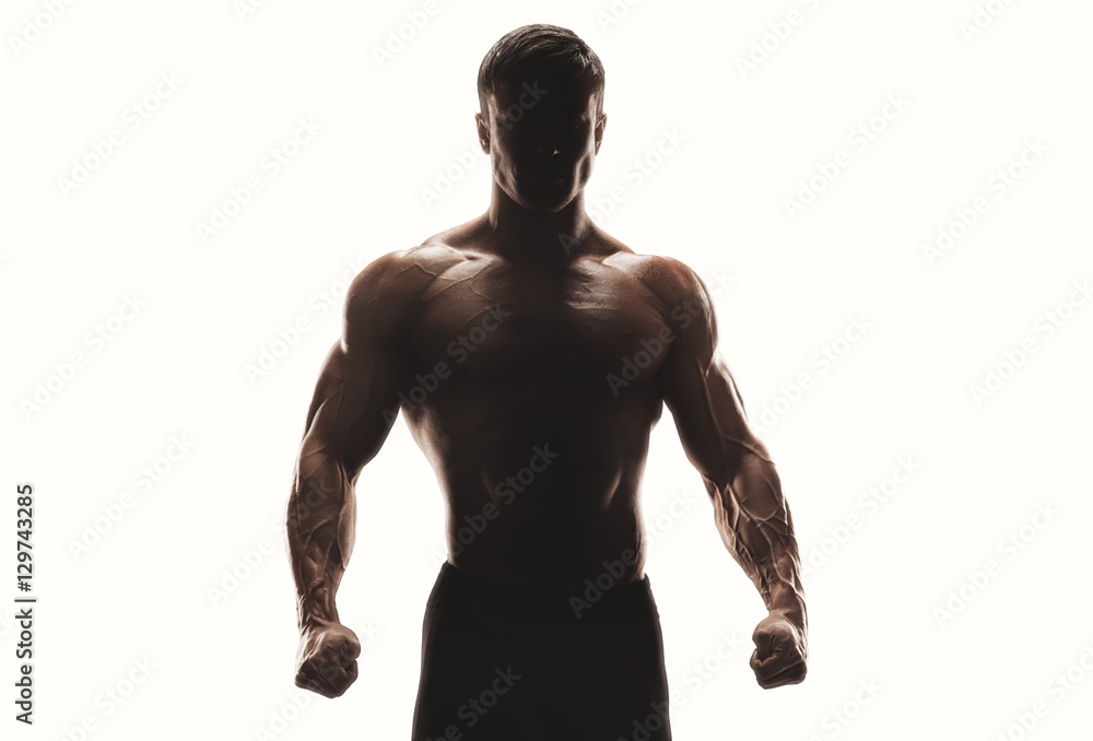 Dark silhouette of a strong man on white background. Confident young ...
