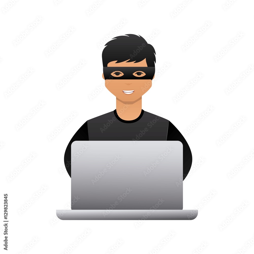 cartoon hacker man with laptop computer icon over white background ...