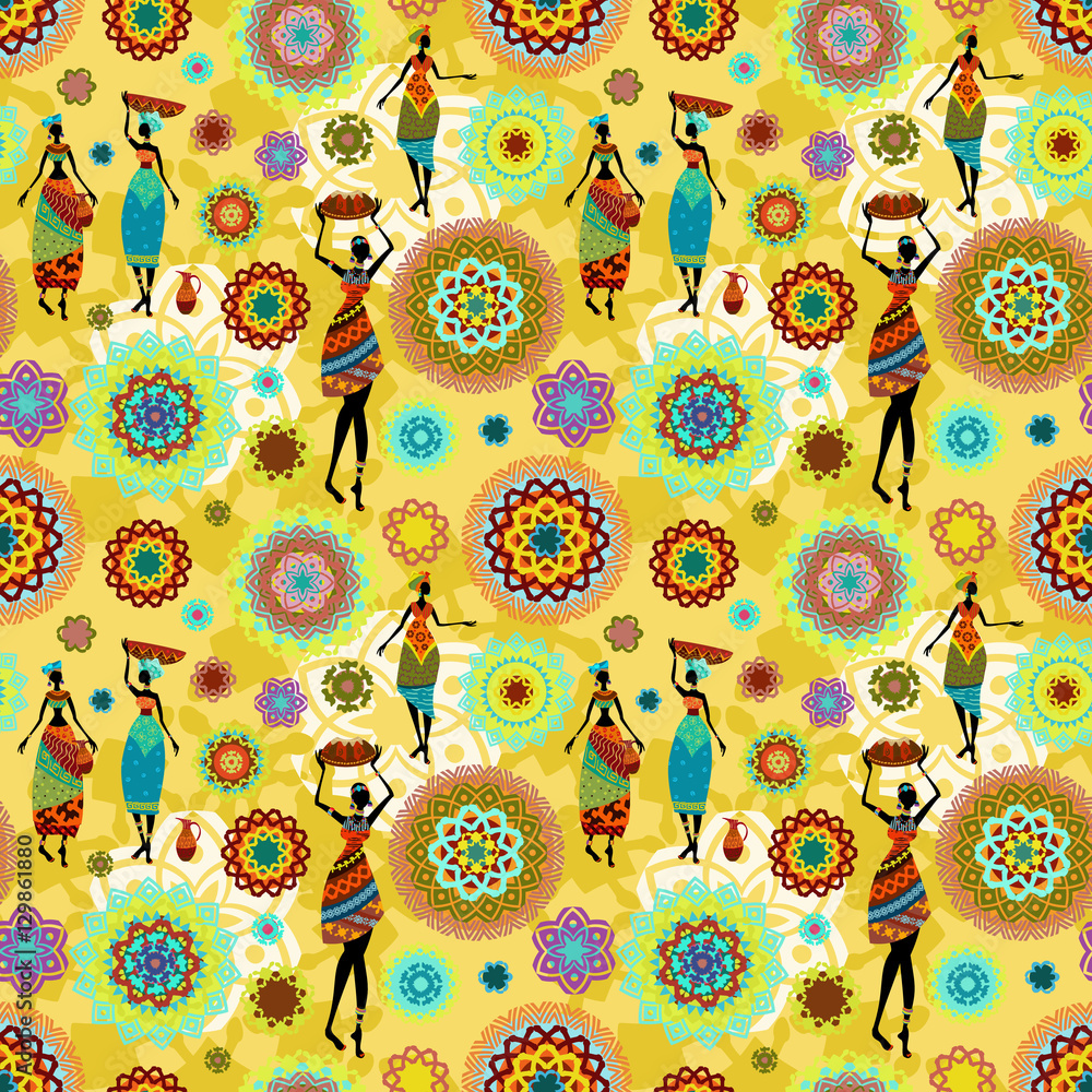 seamless texture with ethnic pattern and lovely african girls Stock ...