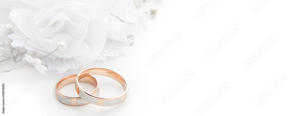 Wedding rings on wedding card on a white background, border design ...