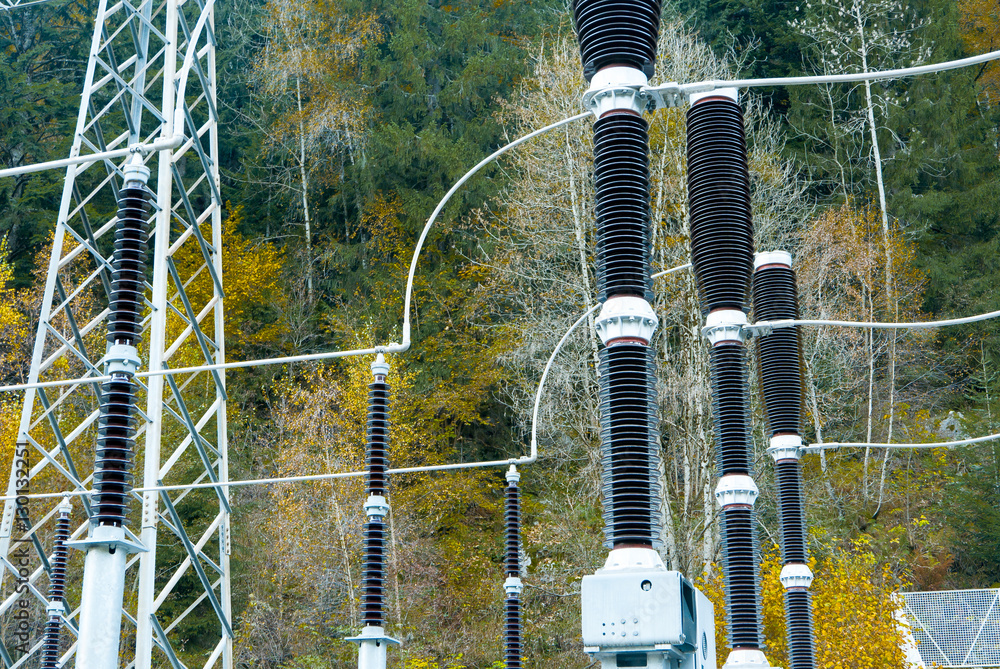 Closeup of capacitive voltage transformers in high voltage elect Stock ...