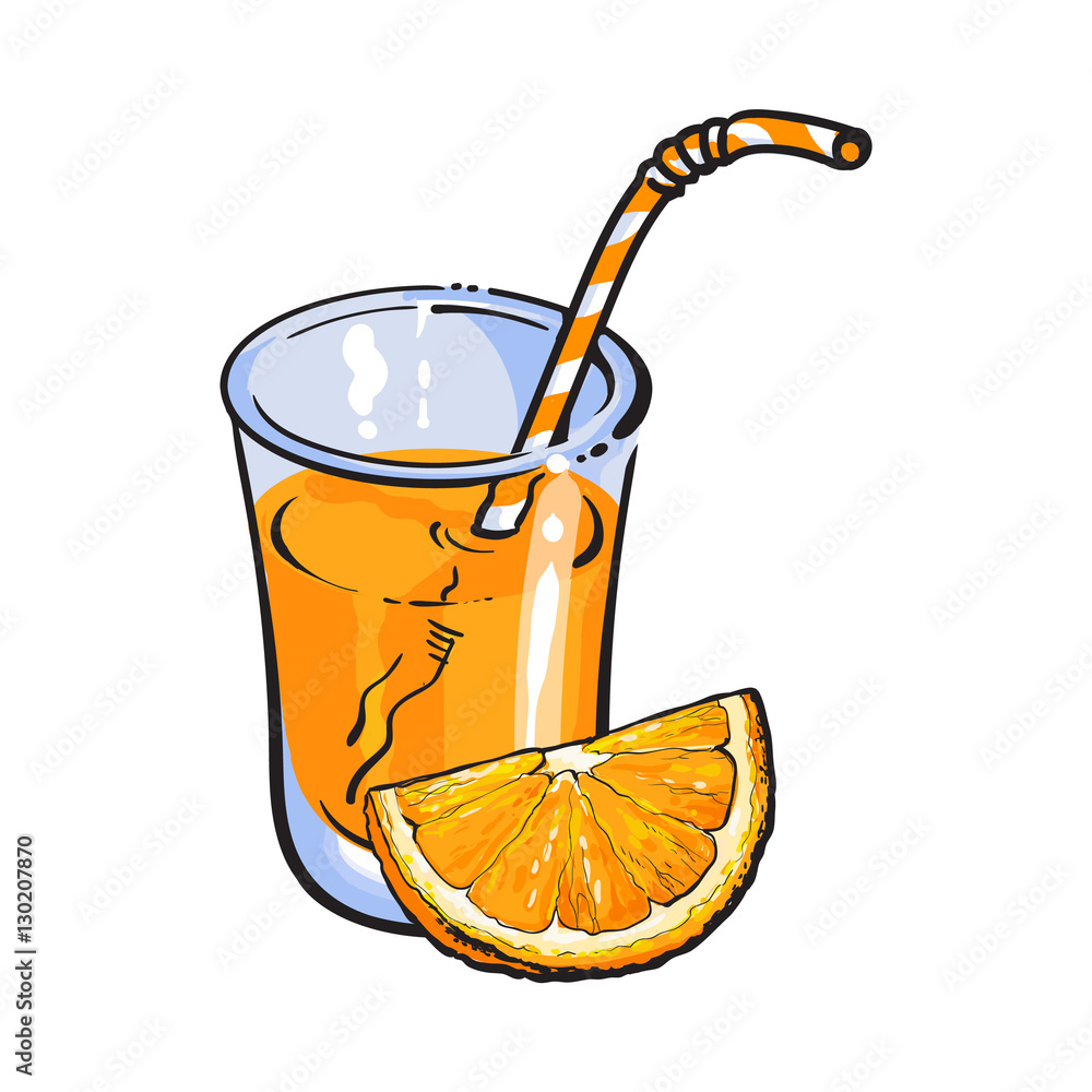 Glass of freshly squeezed juice with piece of orange, sketch vector ...