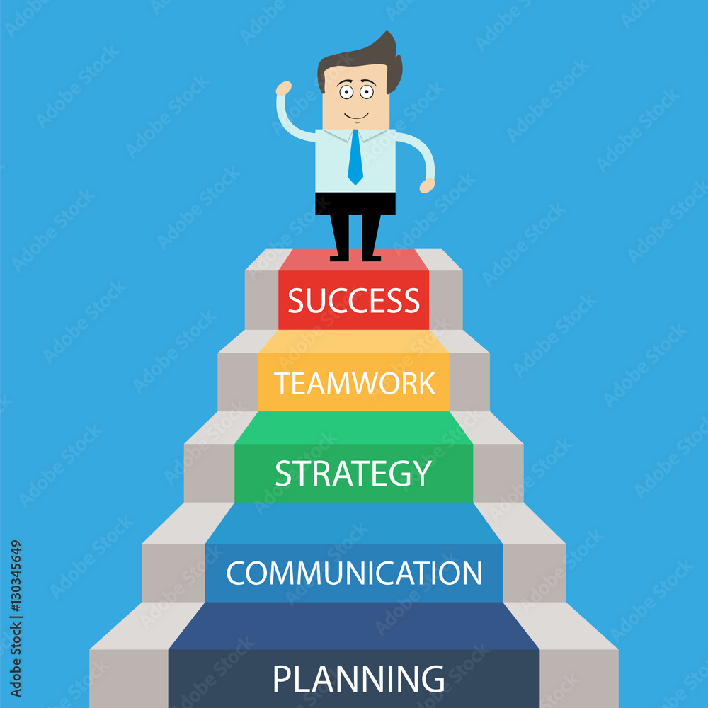 Staircase to success. Cartoon Vector Illustration. Businessman at top ...