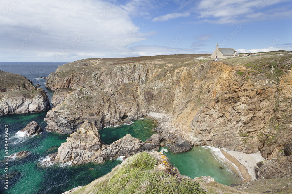 Coastal landscape at the Pointe du Van with the Chapelle Saint They ...