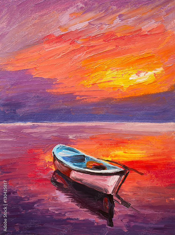 Oil Painting, boat on the sea, art impressionism, colorful sunset Stock ...